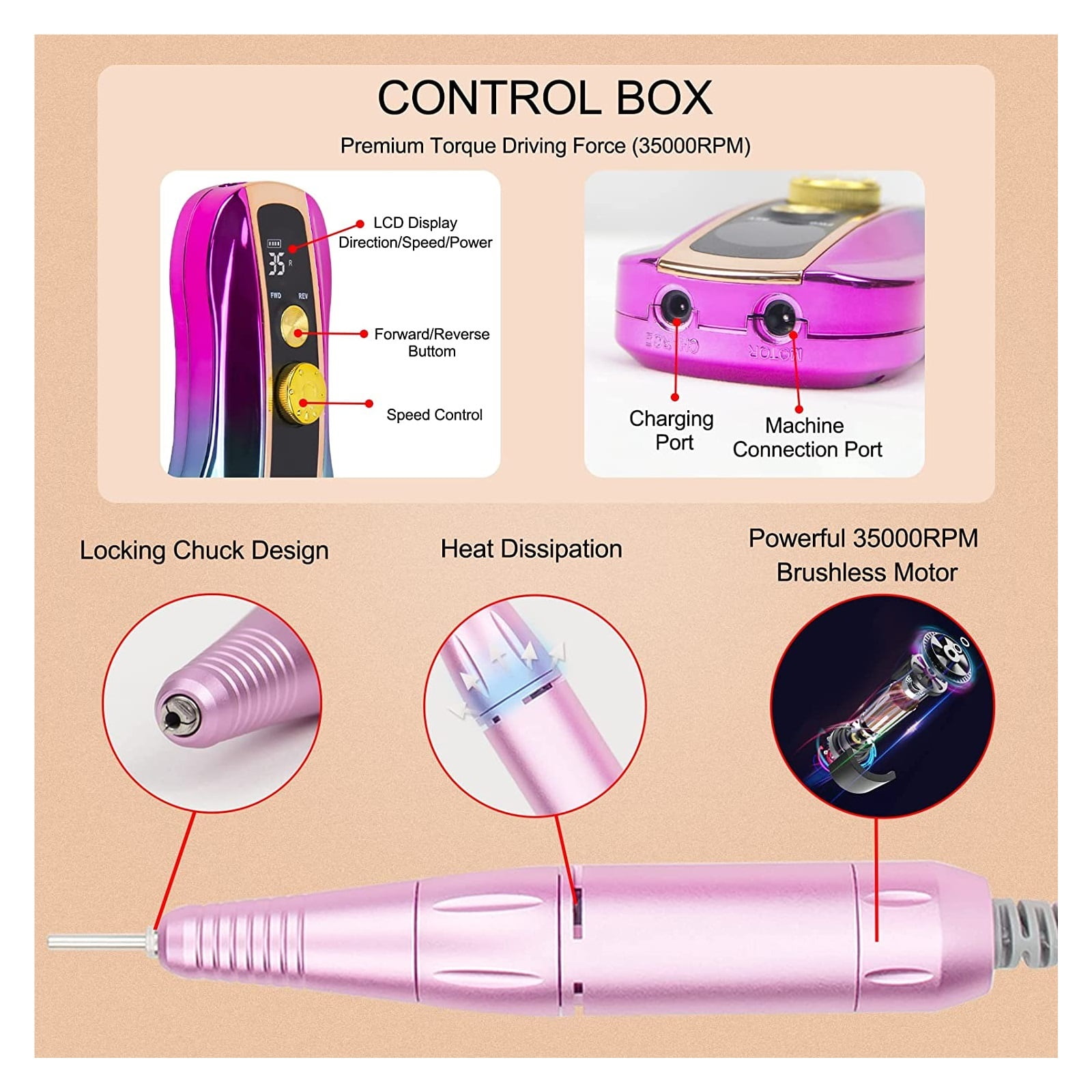 35000RPM Gradient Rechargeable Nail Drill Machine HD LCD Display Nail ...
