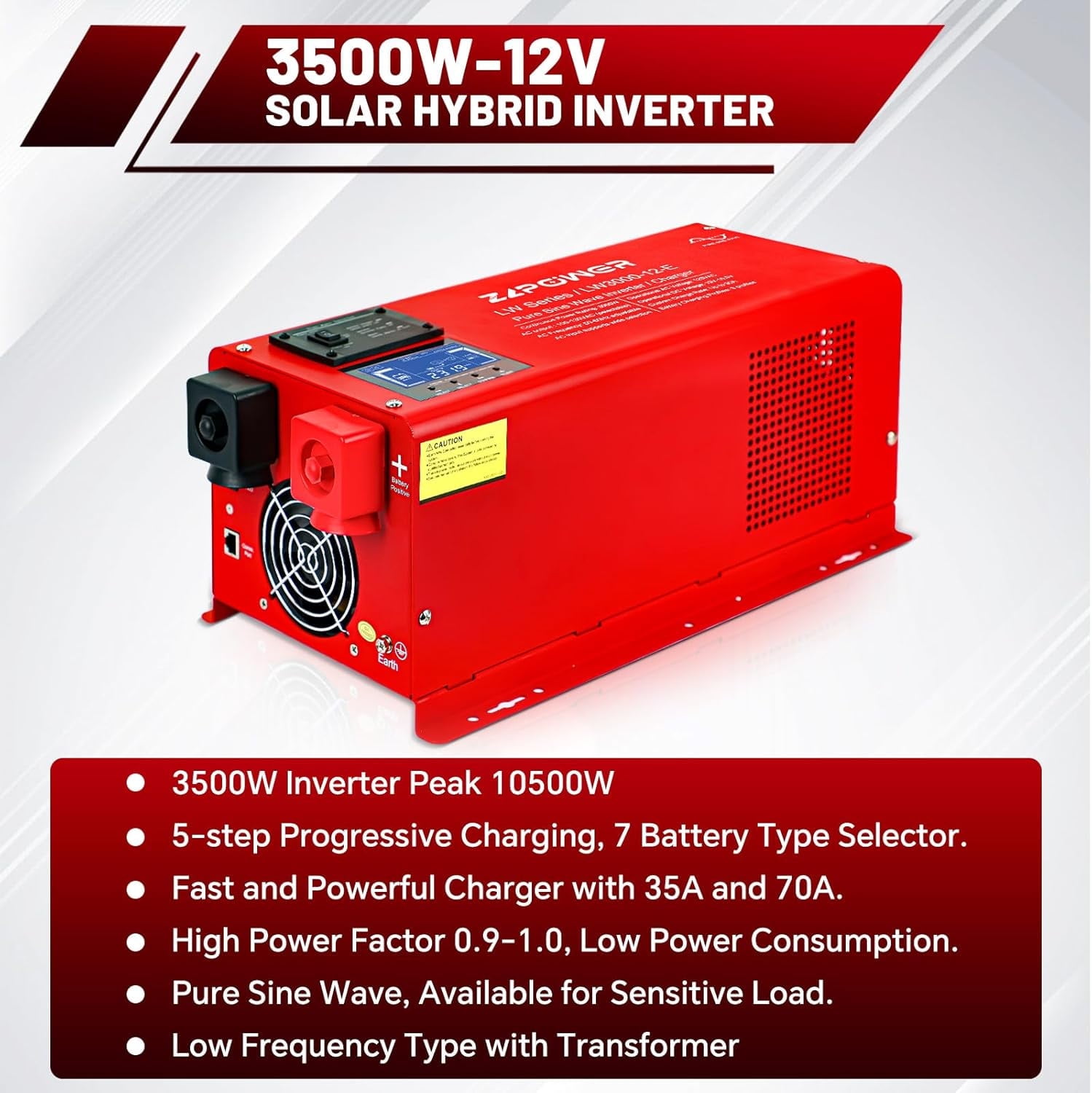 3500W 12V Hybrid Inverter, 9000W Peak Pure Sine Wave Off-Grid Solar ...