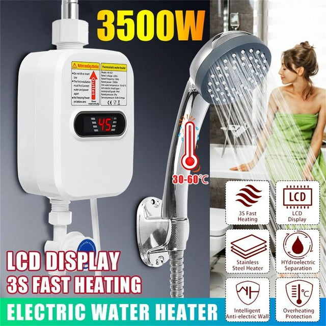 3500W Mini Instant Electric Water Heater with Shower Head, LCD Display for Bathroom & Kitchen ...