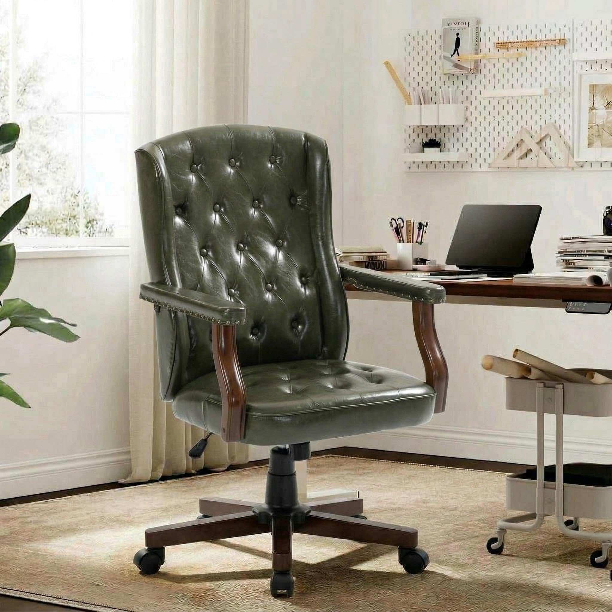 350LBS Heavy‑Duty Executive Desk Chair, Vintage Wingback Leather ...