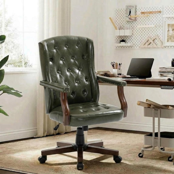 350LBS Heavy‑Duty Executive Desk Chair, Vintage Wingback Leather ...