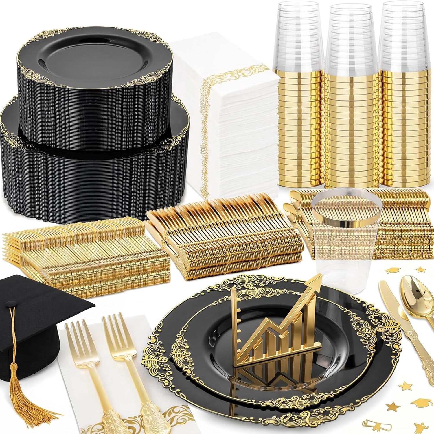 350PCS Black Disposable Plastic Plates Dinnerware Set for 50 Guests ...