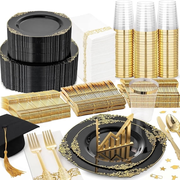 350PCS Black Disposable Plastic Plates Dinnerware Set for 50 Guests ...