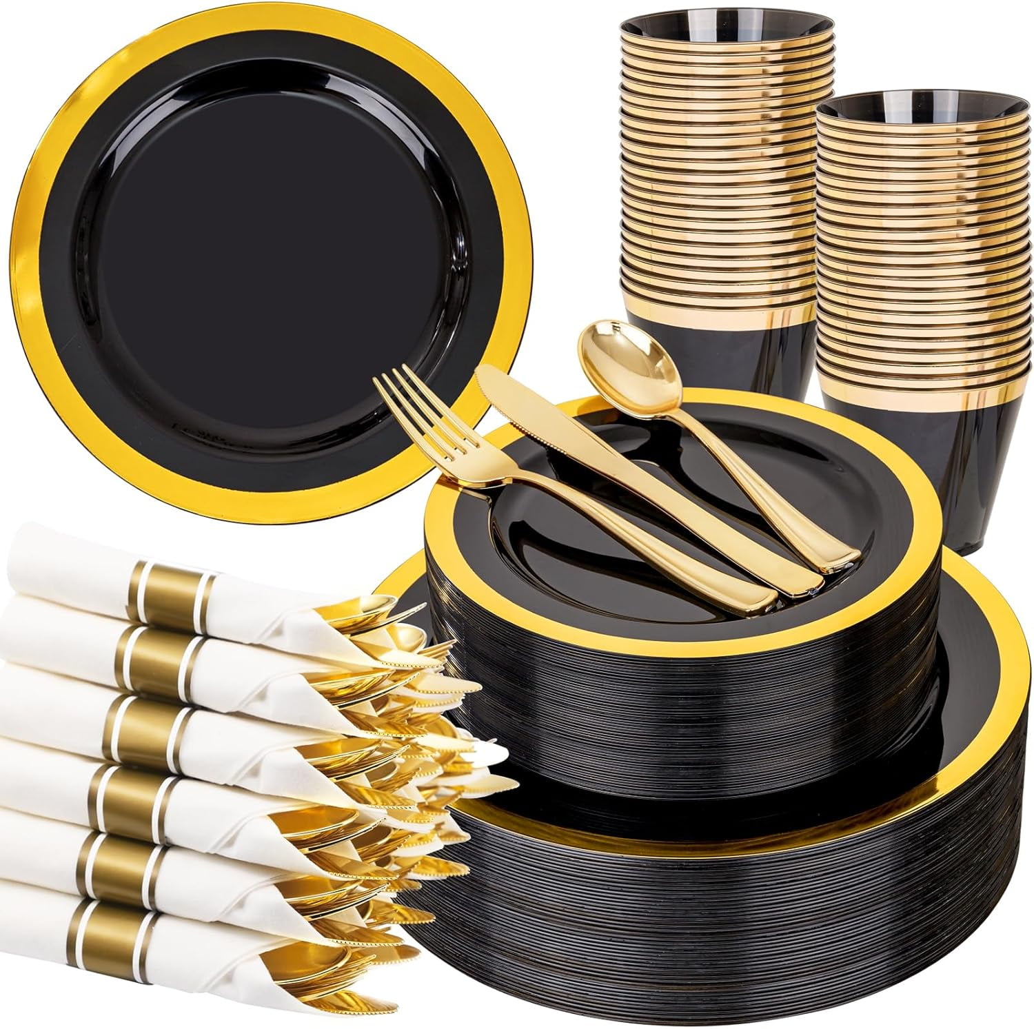 350PCS Black and Gold Plastic Plates - Gold Disposable Dinnerware Sets ...