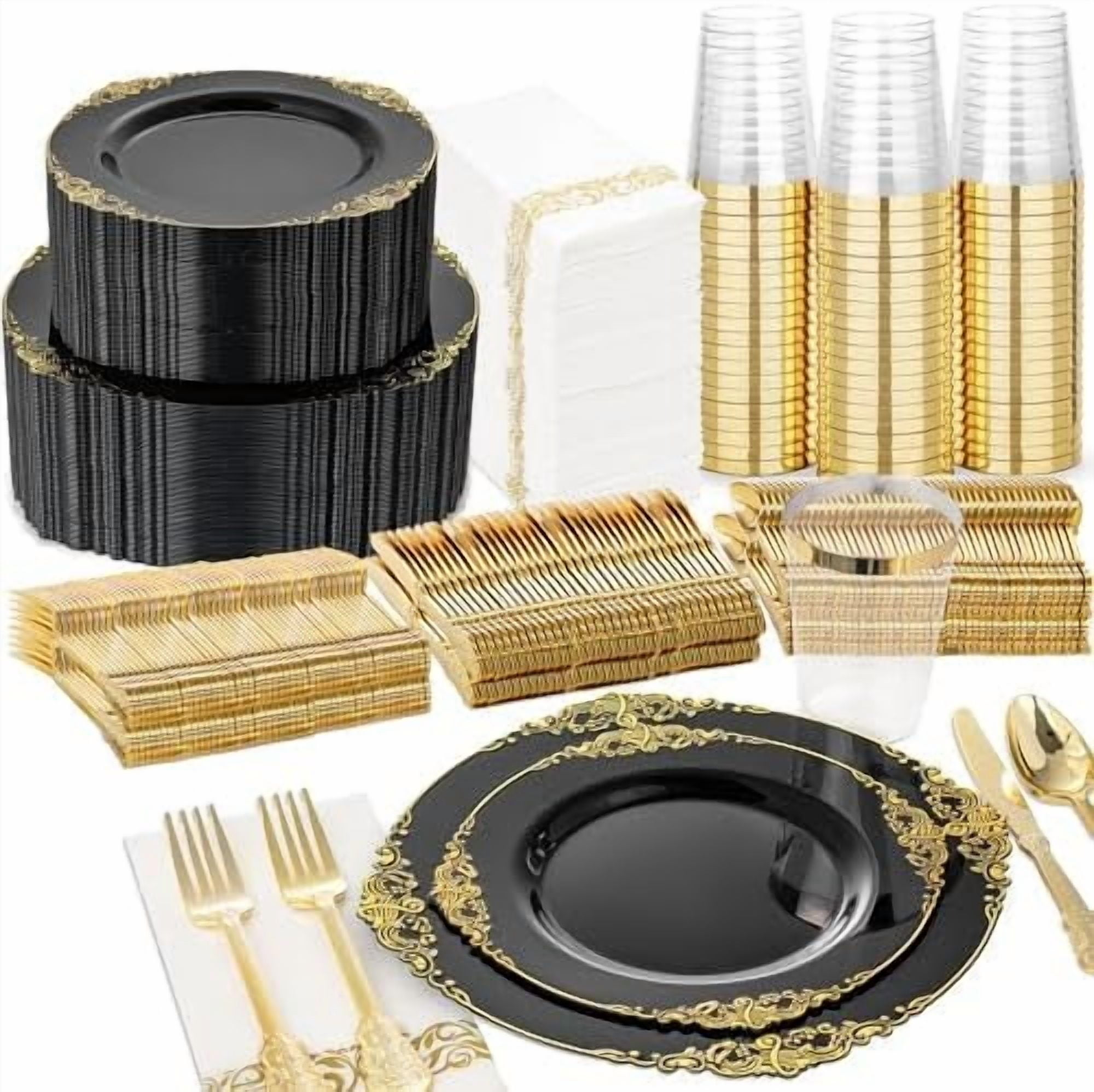350PCS Black Plastic Plates - Black Plastic Dinnerware Sets for 50 ...