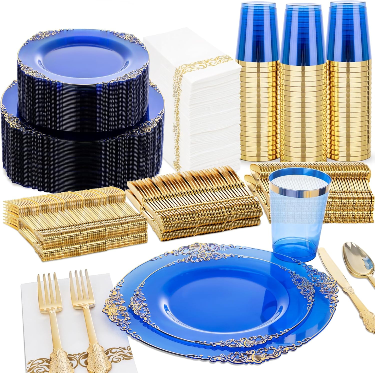 350PCS Blue Plastic Plates - Blue Plastic Dinnerware Sets for 50 Guests ...