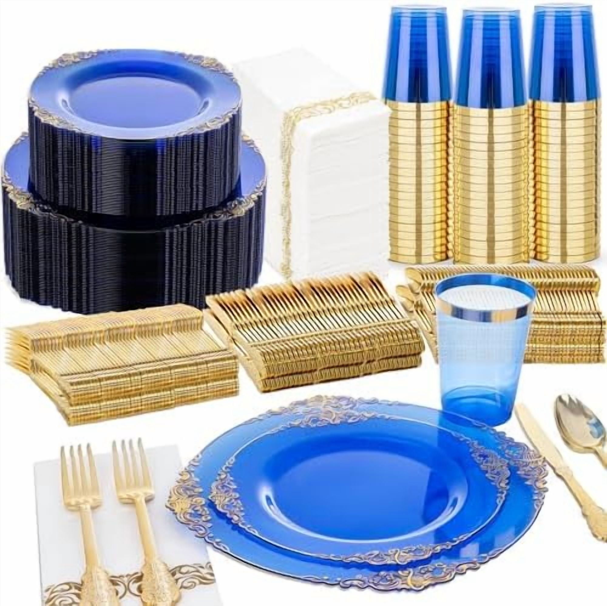 350PCS Blue Plastic Plates - Blue Plastic Dinnerware Sets for 50 Guests ...