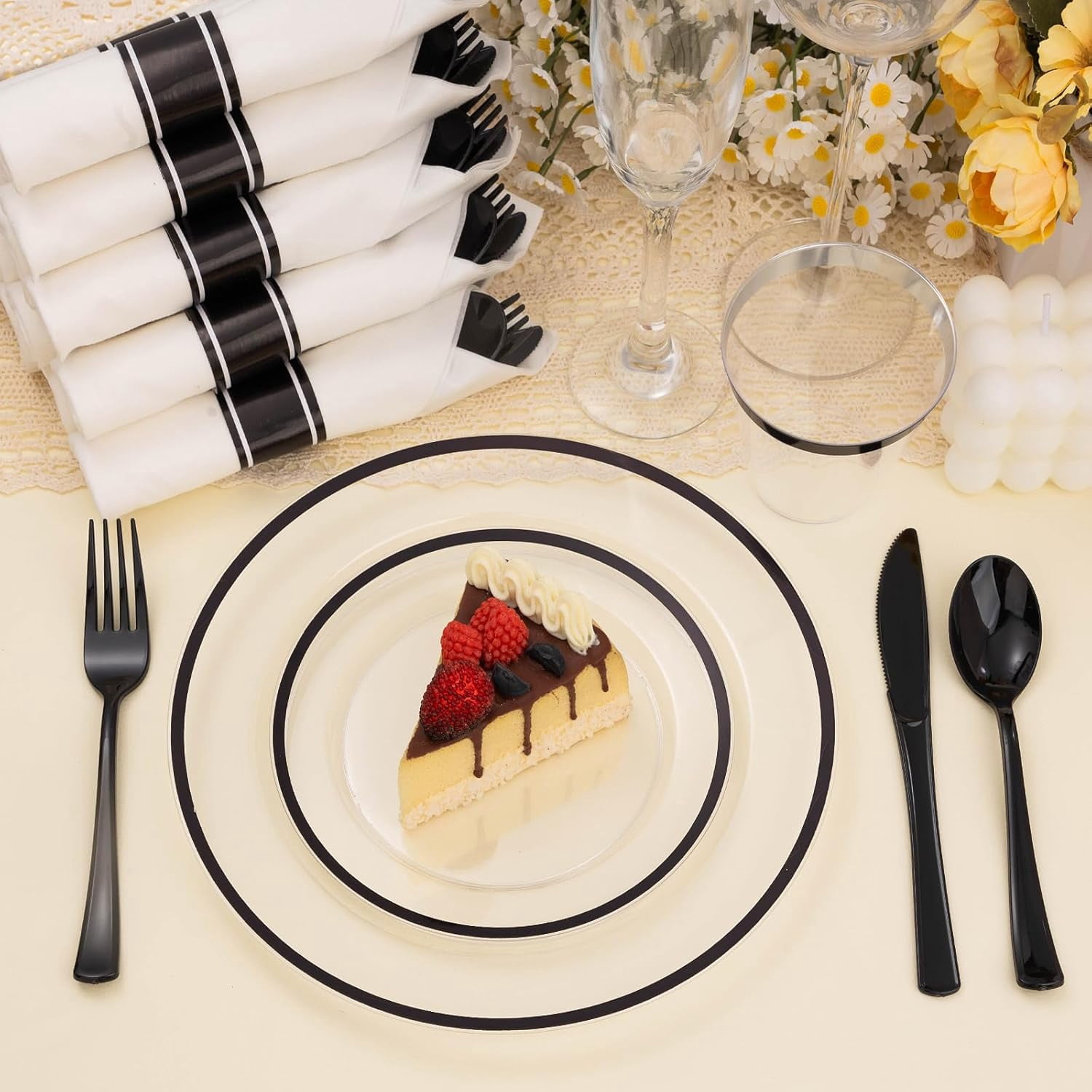 350PCS Clear and Black Disposable Plates Set for 50 Guests, 100 Plastic ...
