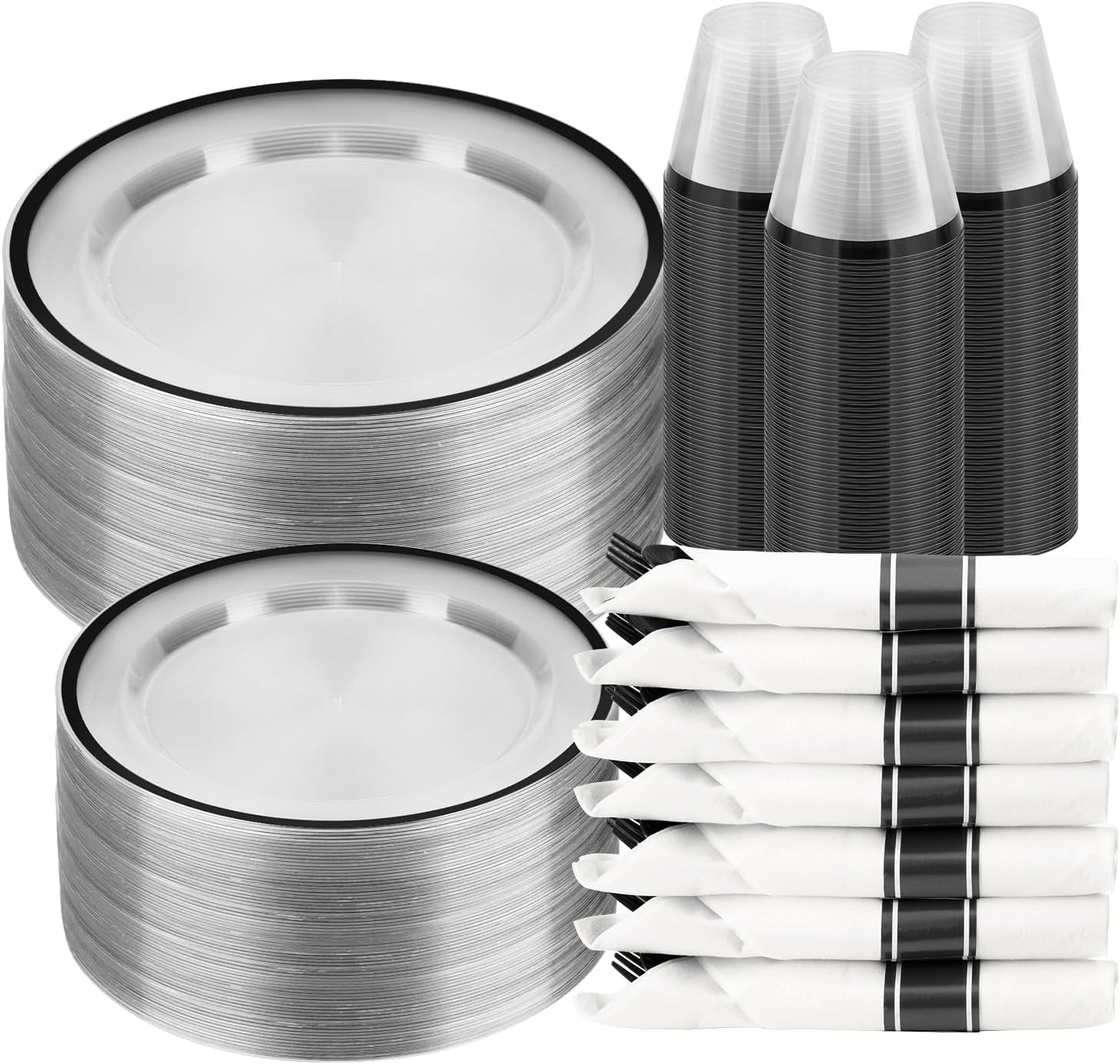 350PCS Clear and Black Disposable Plates Set for 50 Guests, 100 Plastic ...