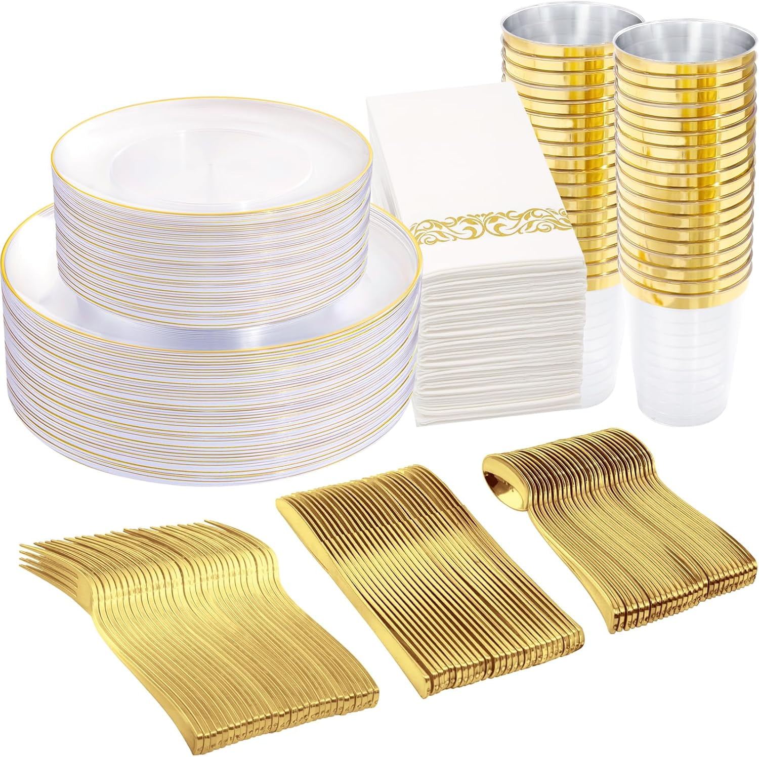 350PCS Clear and Gold Plastic Dinnerware Set Include Clear Disposable ...