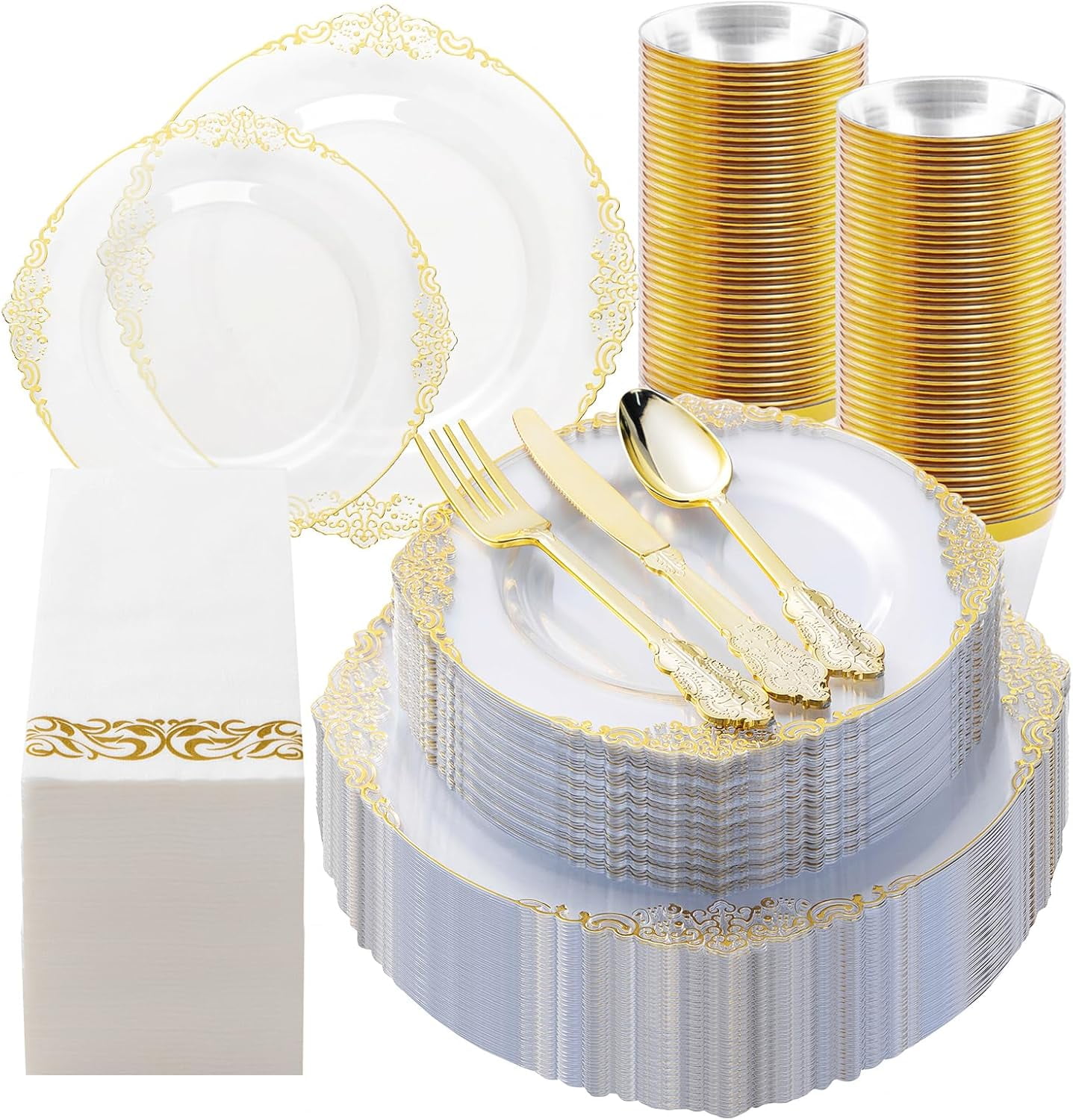 350PCS Clear Gold Plastic Plates for 50 Guests, Disposable Dinnerware ...