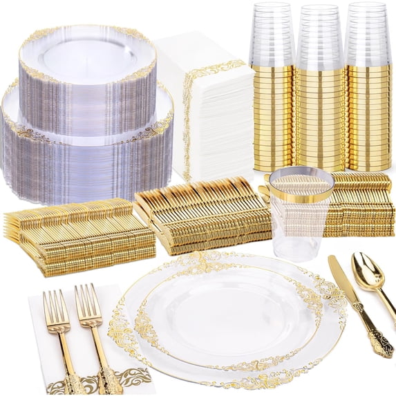 350PCS Clear Gold Plastic Plates Dinnerware Set for 50 Guests ...