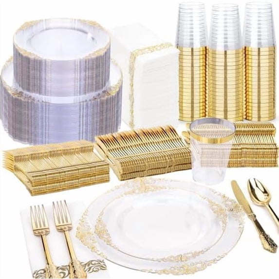 350PCS Clear Gold Plastic Plates - Gold Plastic Dinnerware Sets for 50 ...
