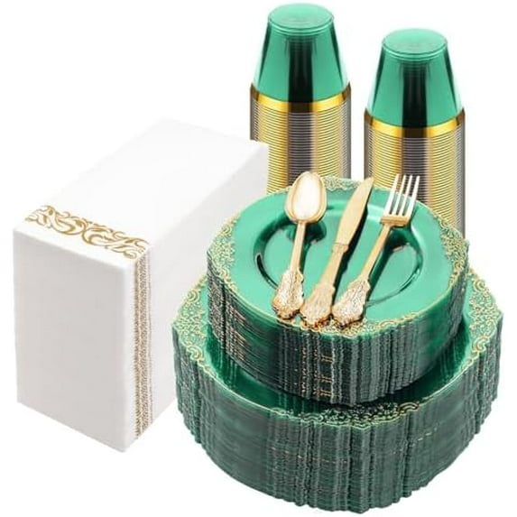 350PCS Clear Green Plastic Plates for 50 Guests, Disposable Plates with ...