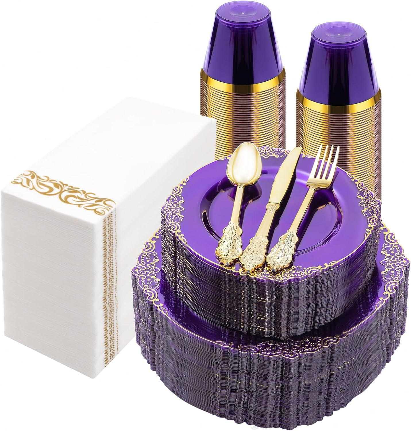 350PCS Clear Purple Plastic Plates for 50 Guests, Disposable Plates ...