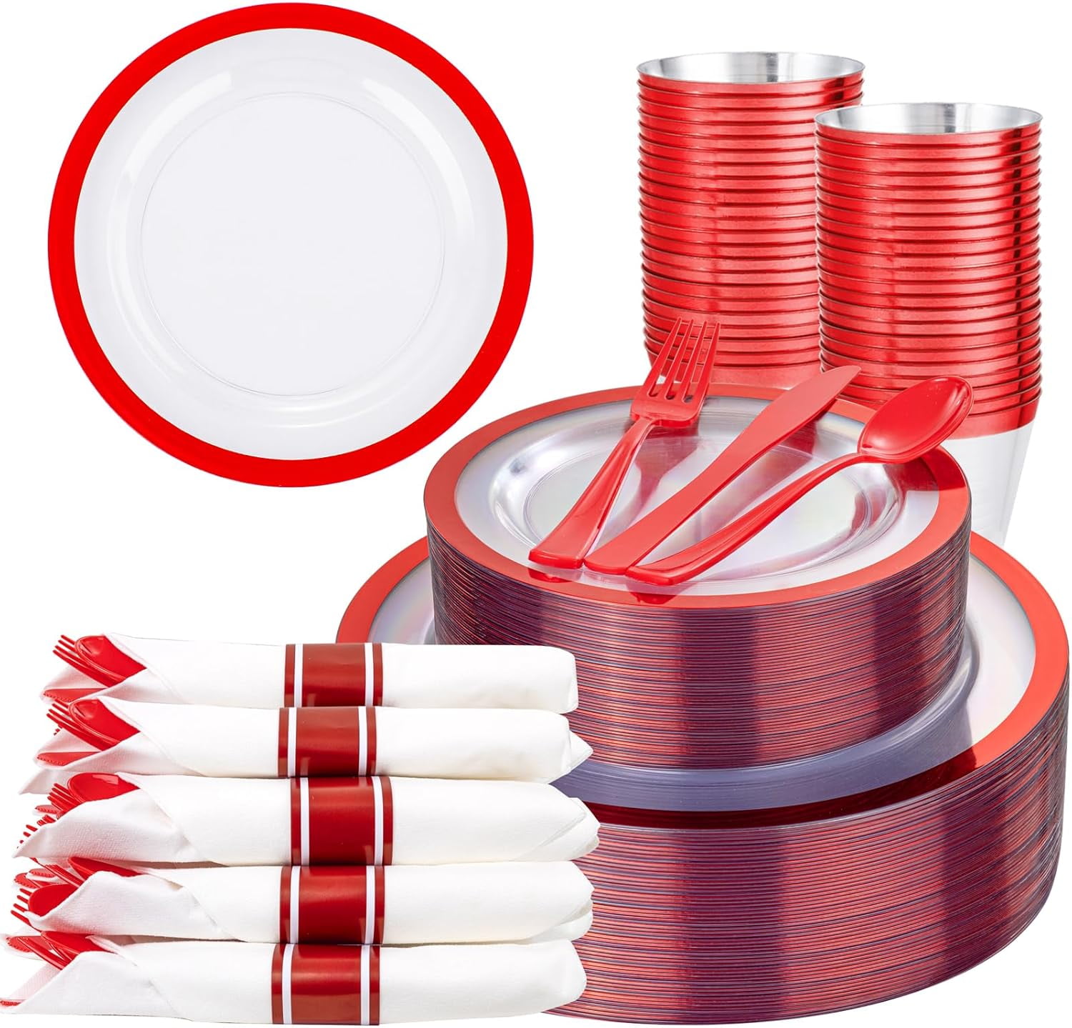 350PCS Clear and Red Plastic New Year Plates and Napkins for 50Guests ...