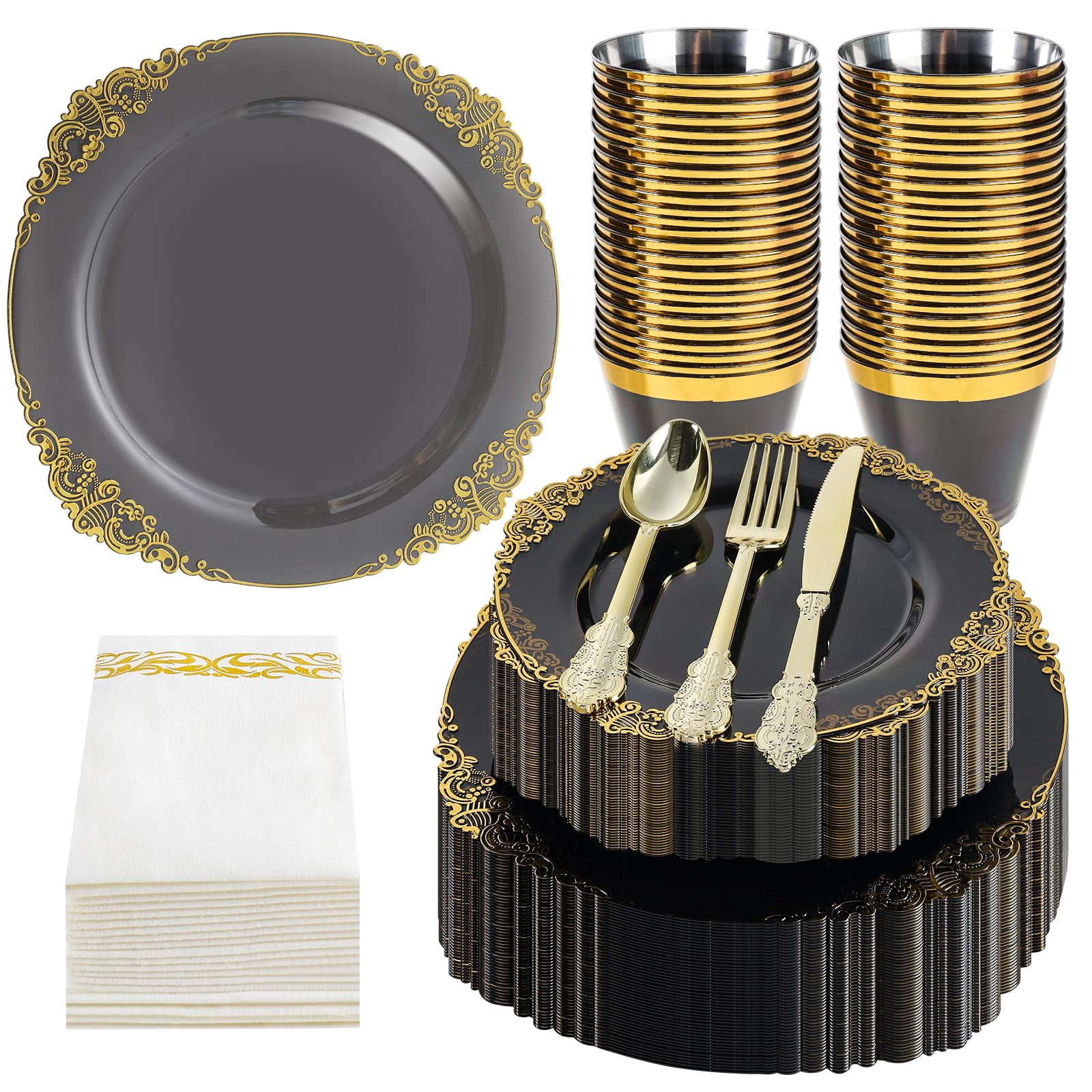 350PCS Disposable Plastic Dinnerware MMF7 Set for 50 Guests, Black and ...