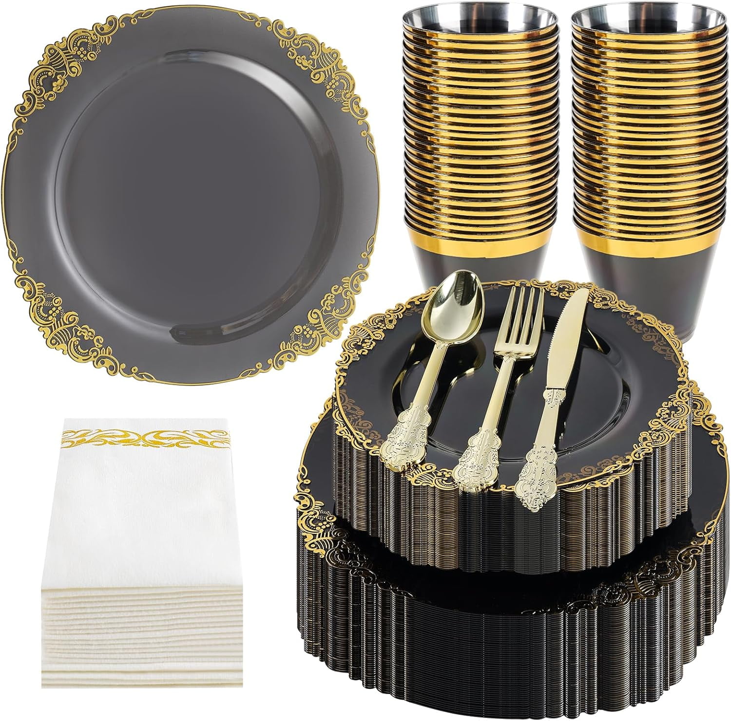 350PCS Disposable Plastic Dinnerware Set for 50 Guests, Clear Black and ...