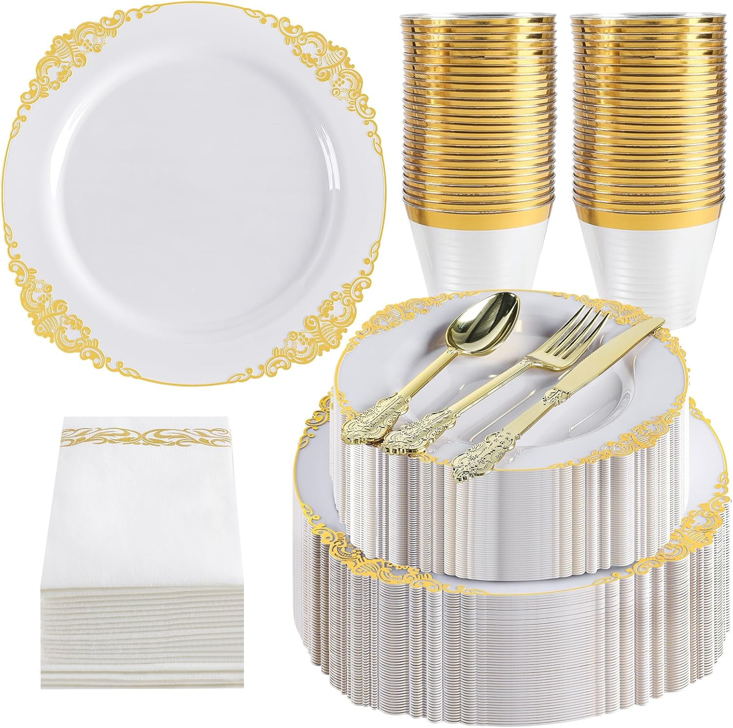 350PCS Disposable Plastic Dinnerware Set for 50 Guests, White and Gold ...