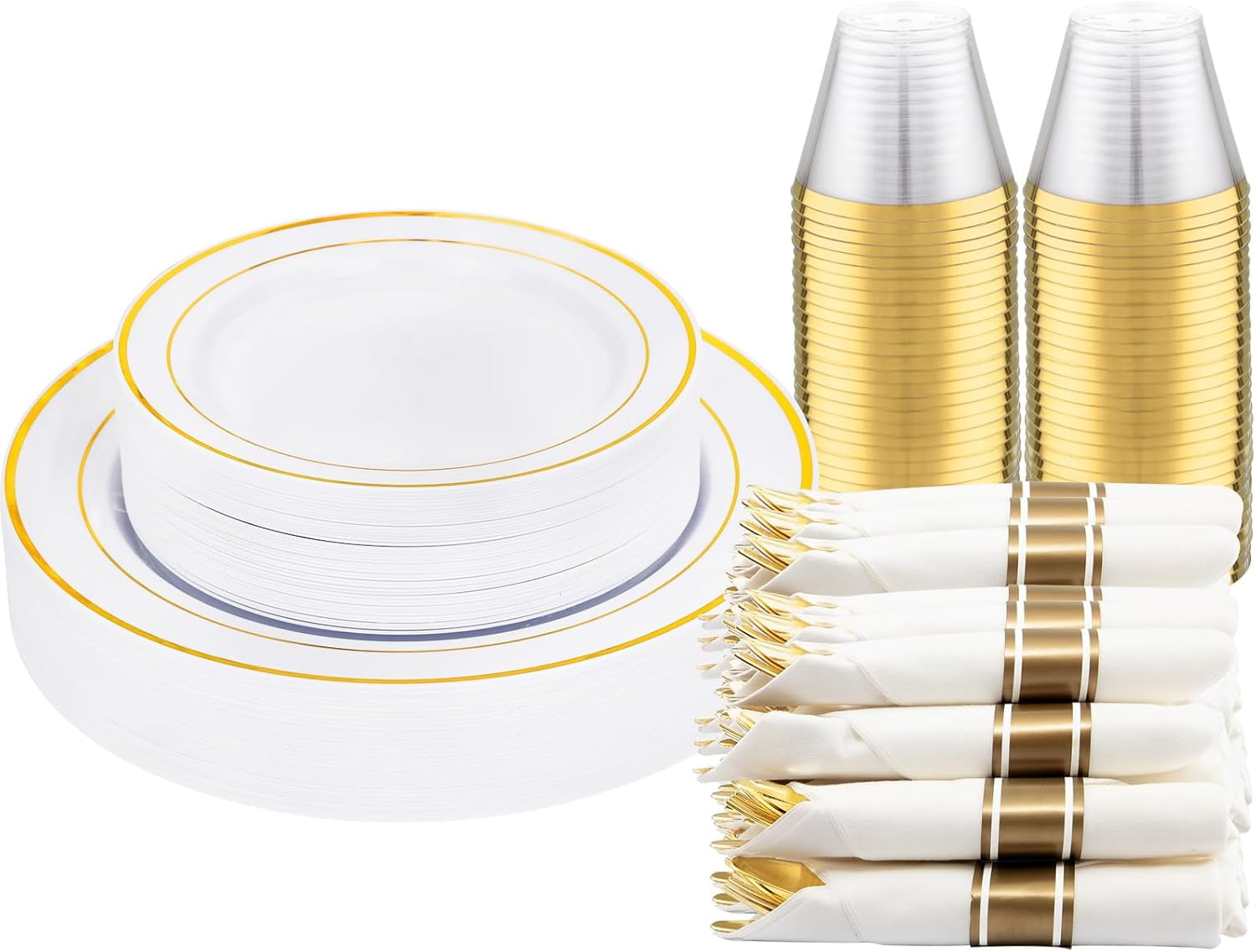 350PCS Gold Plastic Dinnerware Set for 50 Guests, Fancy Disposable ...