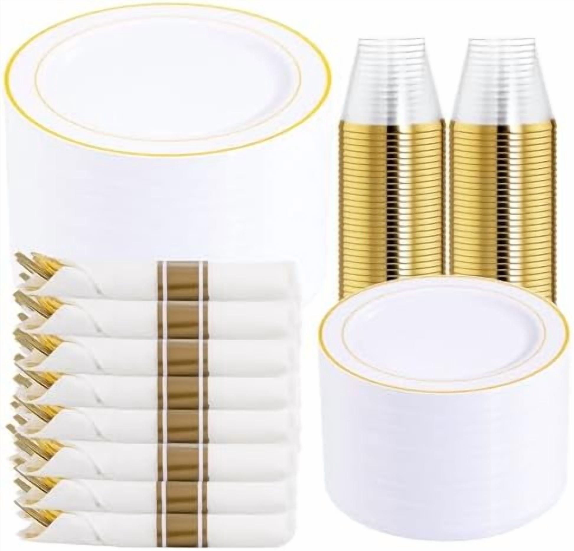 350PCS Gold Plastic Dinnerware Set for 50 Guests, Fancy Disposable ...