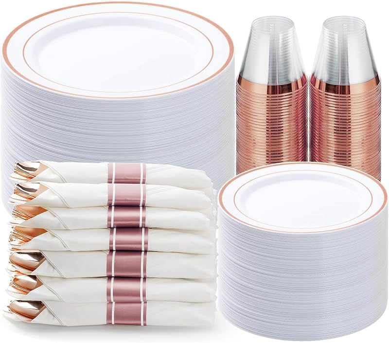 350PCS Gold Plastic Dinnerware Set, Disposable Party Plates for 50 ...
