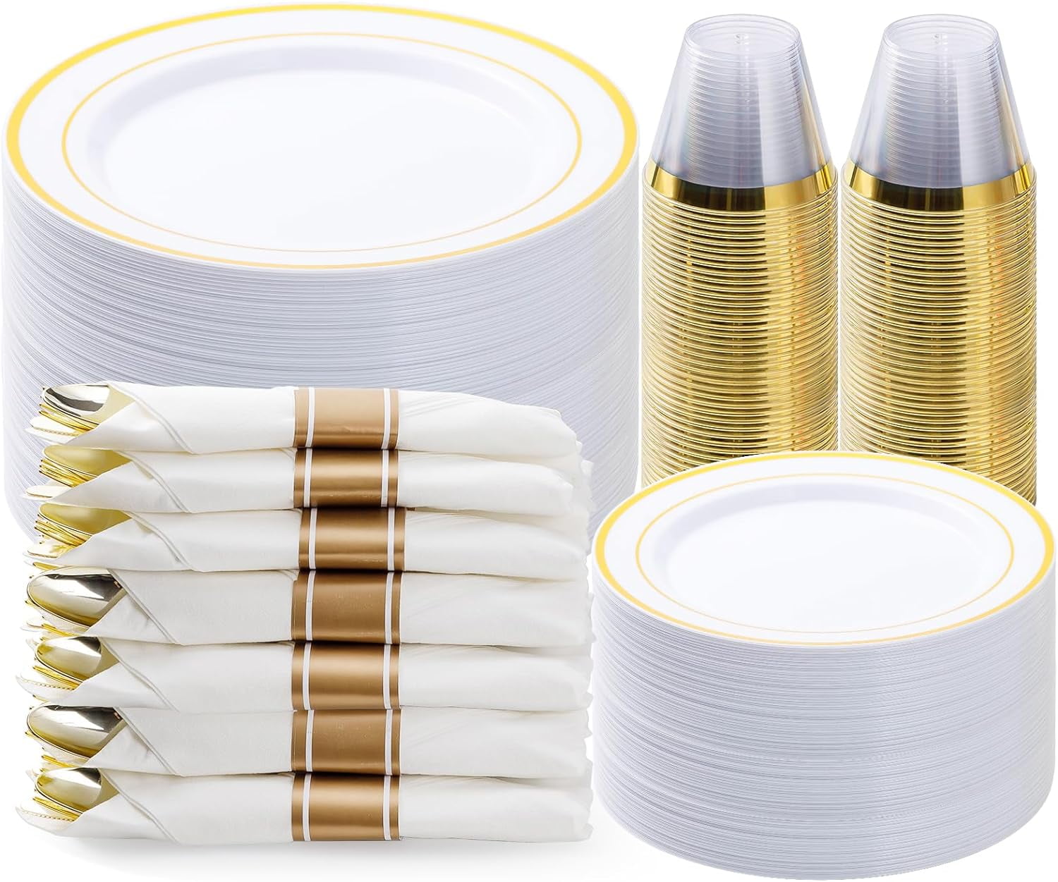 350PCS Gold Plastic Dinnerware Set, Disposable Party Plates for 50 ...