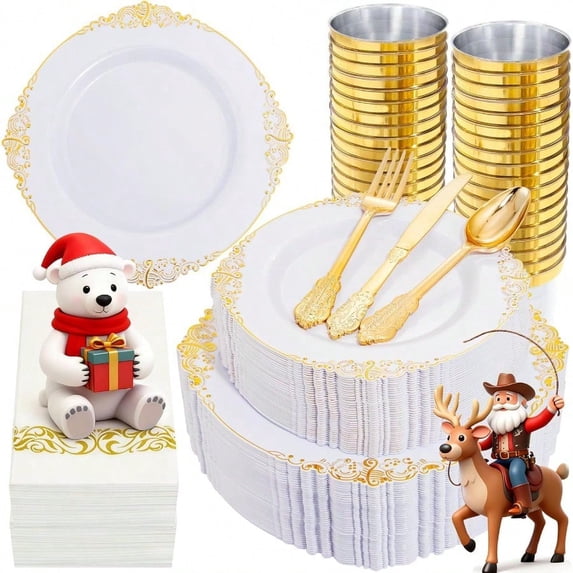 350PCS Gold Plastic Dinnerware - White and Gold Disposable Plates for ...