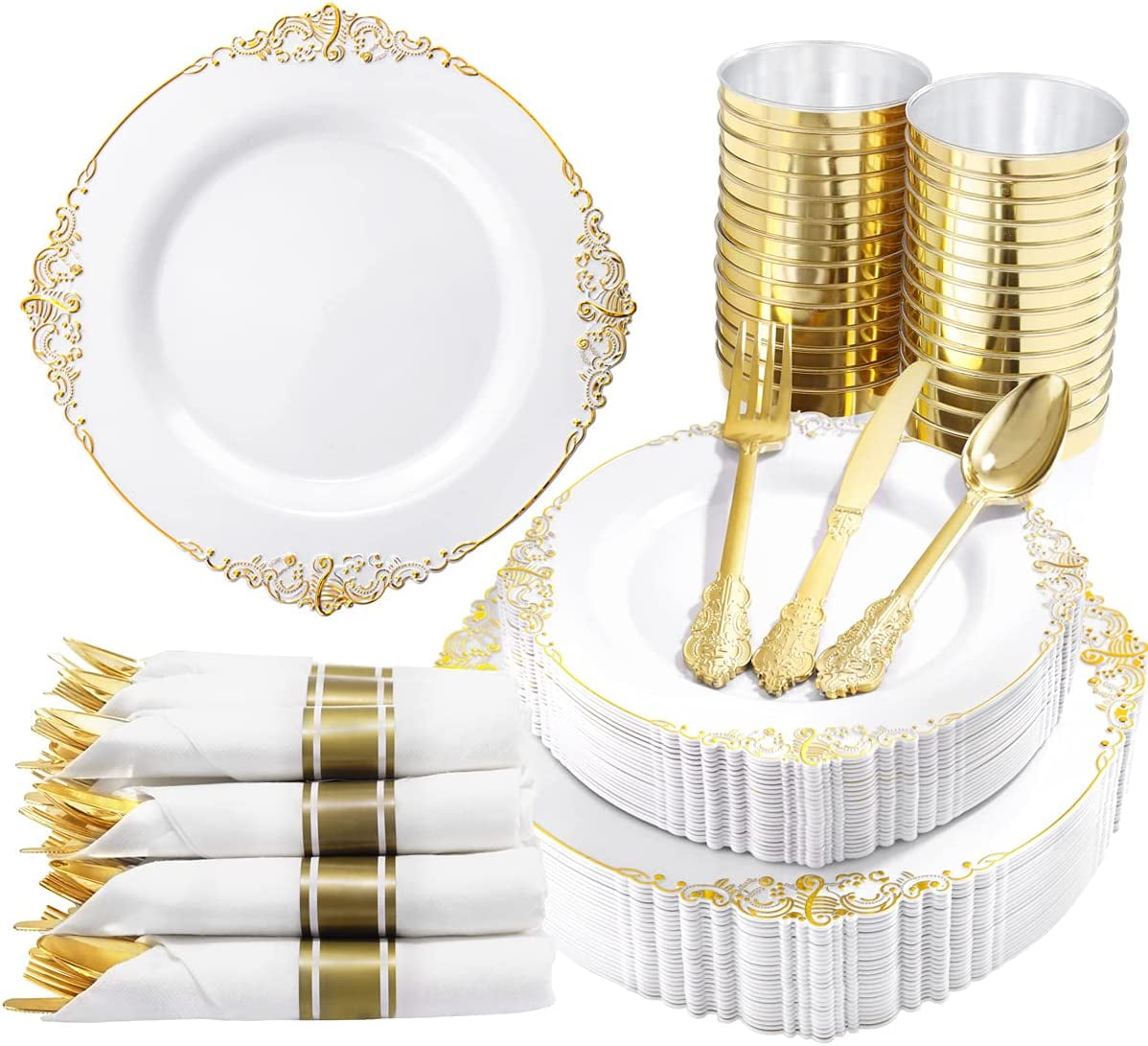 350PCS Gold Plastic Plates - Gold Plastic Dinnerware Sets for 50 Guests ...