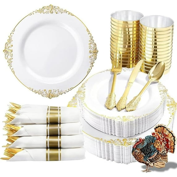 350PCS Gold Plastic Plates - Gold Plastic Dinnerware Sets for 50 Guests ...
