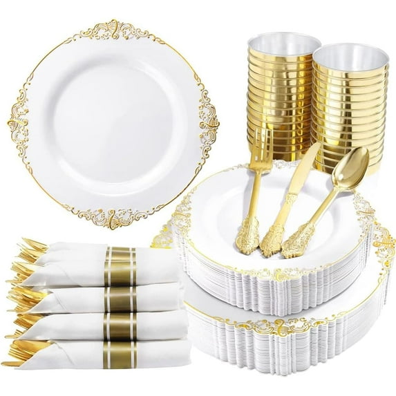 350PCS Gold Plastic Plates - Gold Plastic Dinnerware Sets for 50 Guests ...