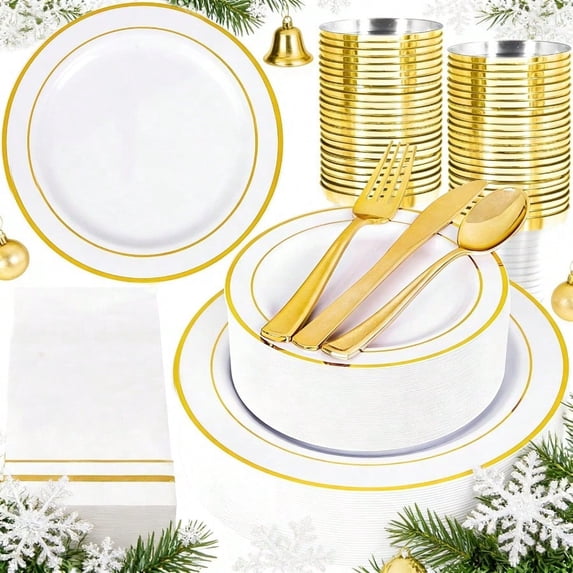 350PCS Gold Plastic Plates - White and Gold Disposable Plastic ...