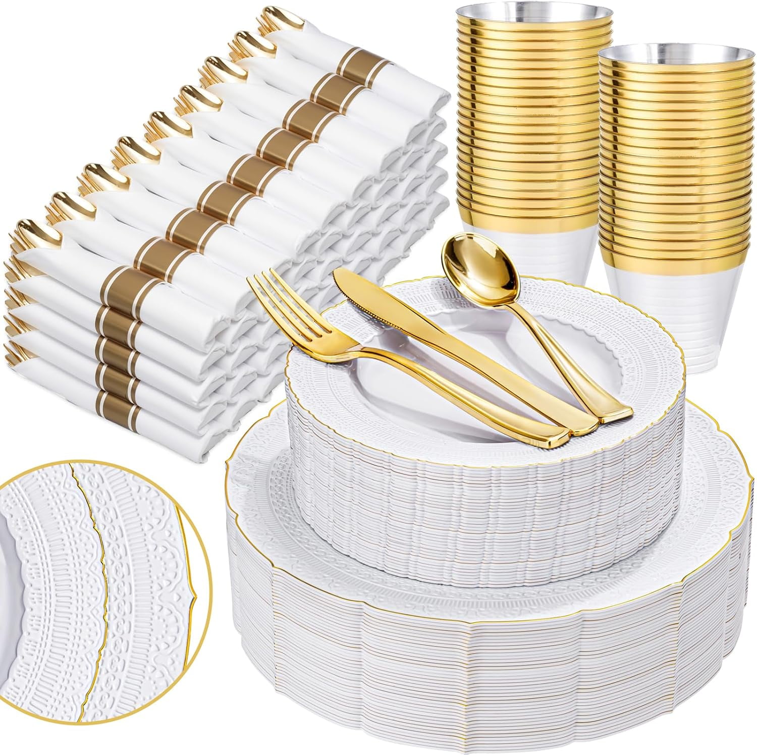 350PCS Gold Plastic Plates - White Gold Plastic Dinnerware Set for 50 ...
