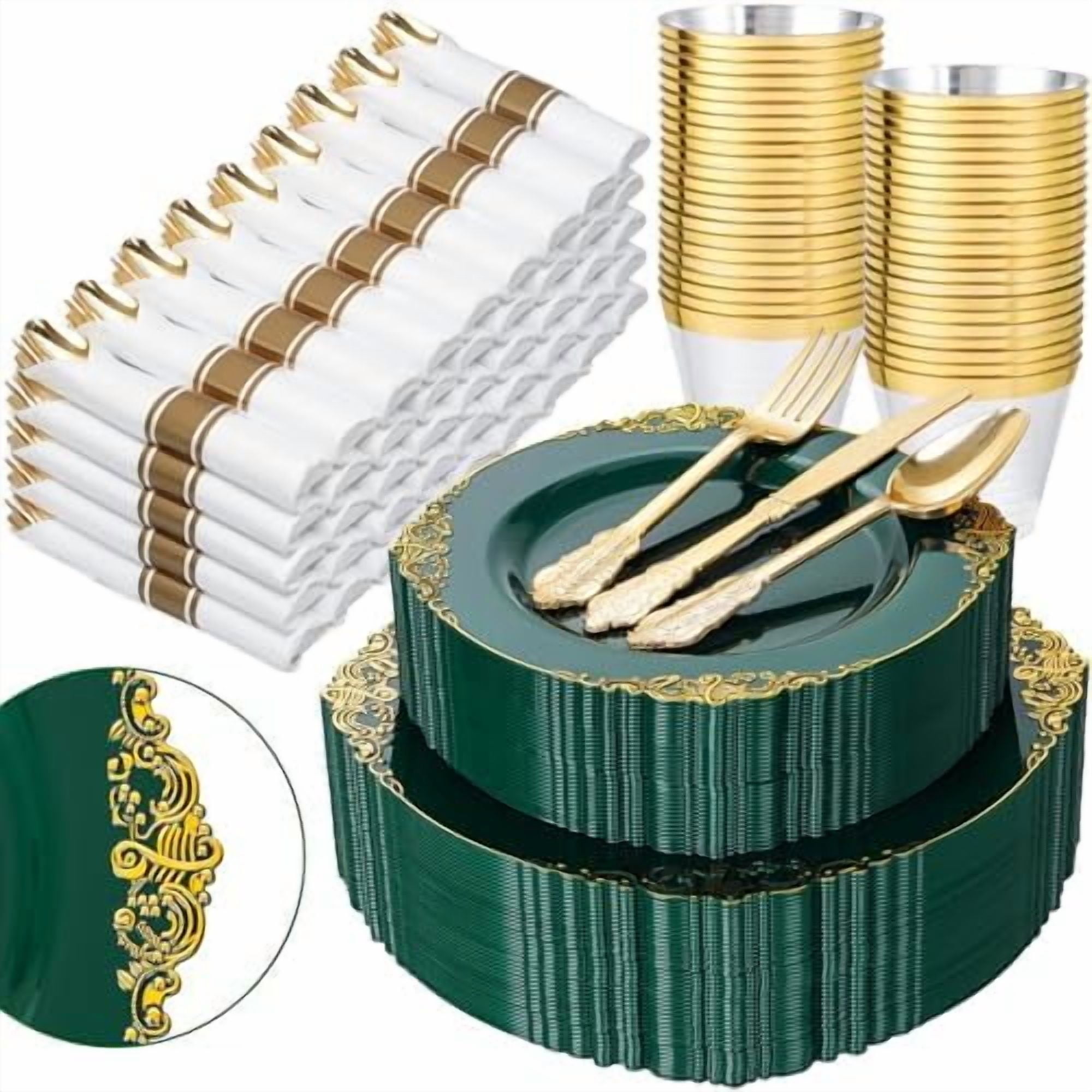 350PCS Green Plastic Plates - Green Gold Plastic Dinnerware Sets for 50 ...