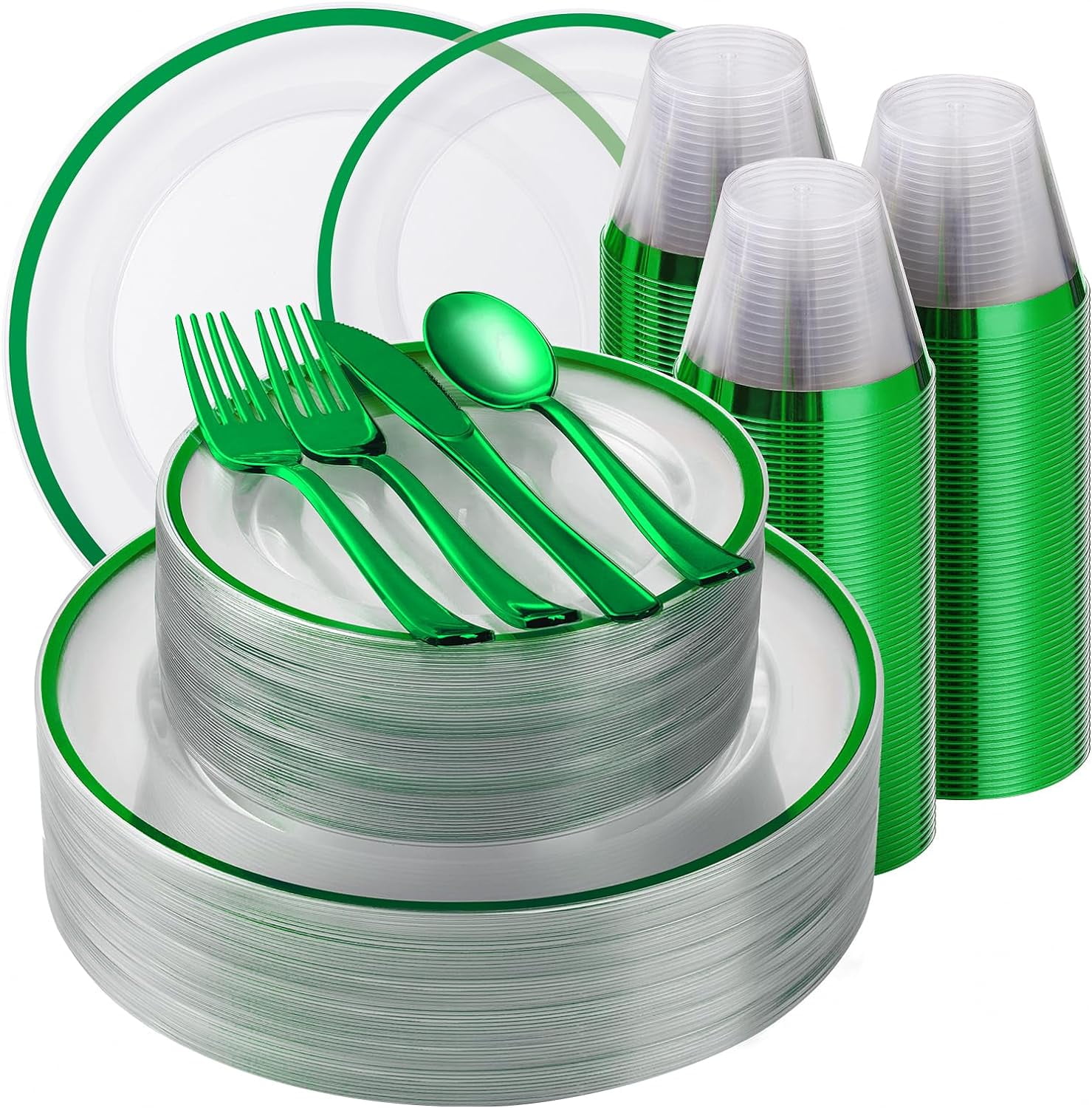 350PCS Green and Clear Plastic Dinnerware Sets for 50 Guests, Include ...