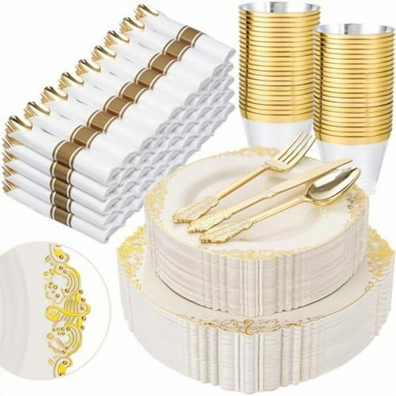 350PCS Ivory Plastic Plates - Ivory Gold Plastic Dinnerware Sets for 50 ...