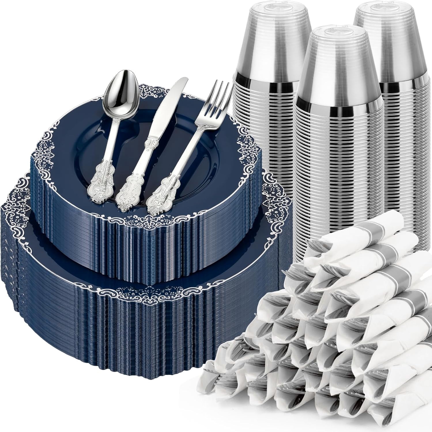 350PCS Navy Blue Plates for 50 Guests, Disposable Dinnerware Sets ...