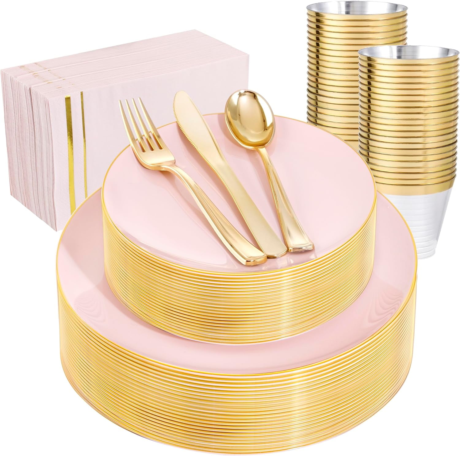 350PCS Pink and Gold Plastic Plates - Pink Disposable Plastic ...