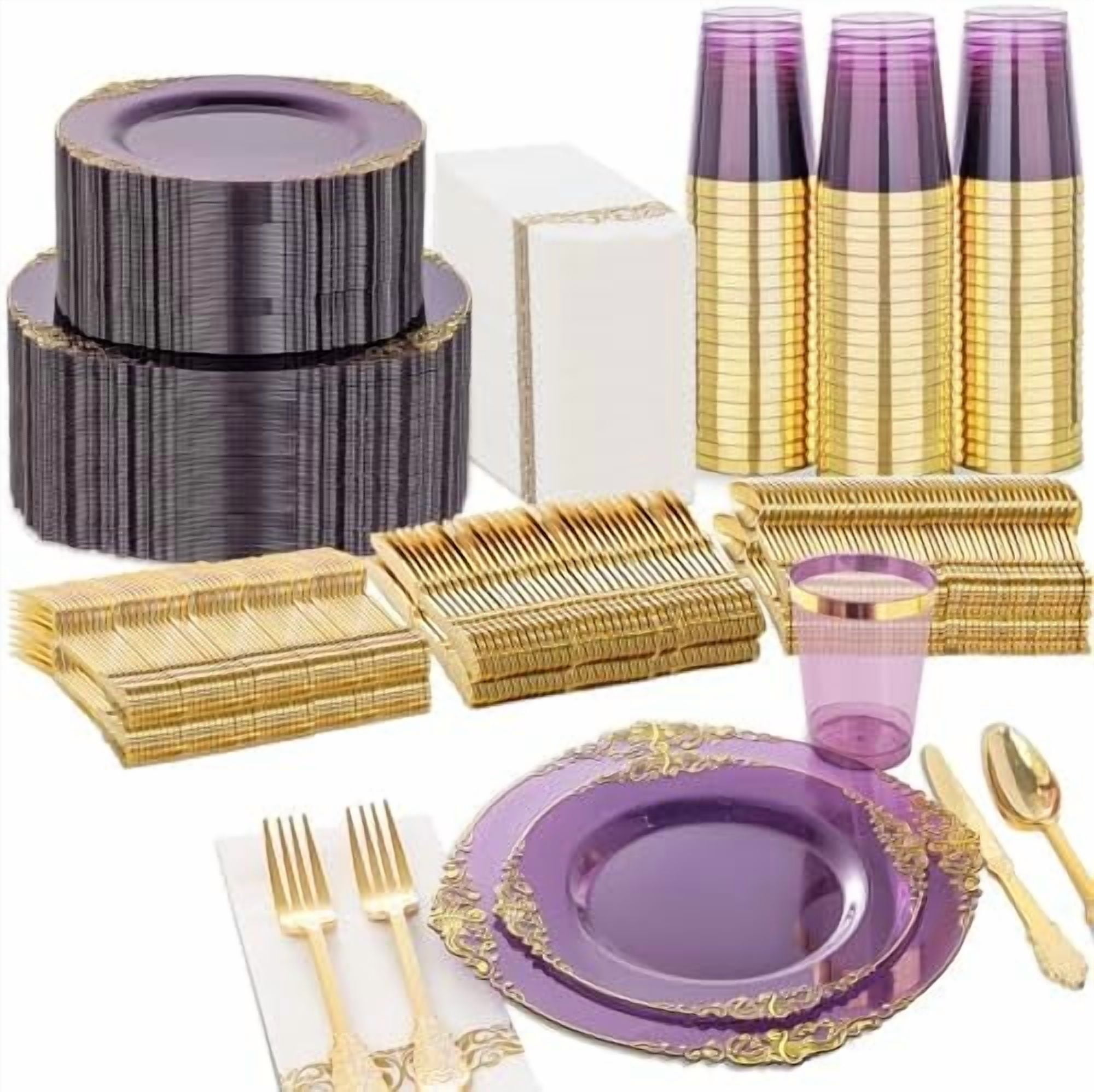 350PCS Purple Plastic Plates - Purple Plastic Dinnerware Sets for 50 ...