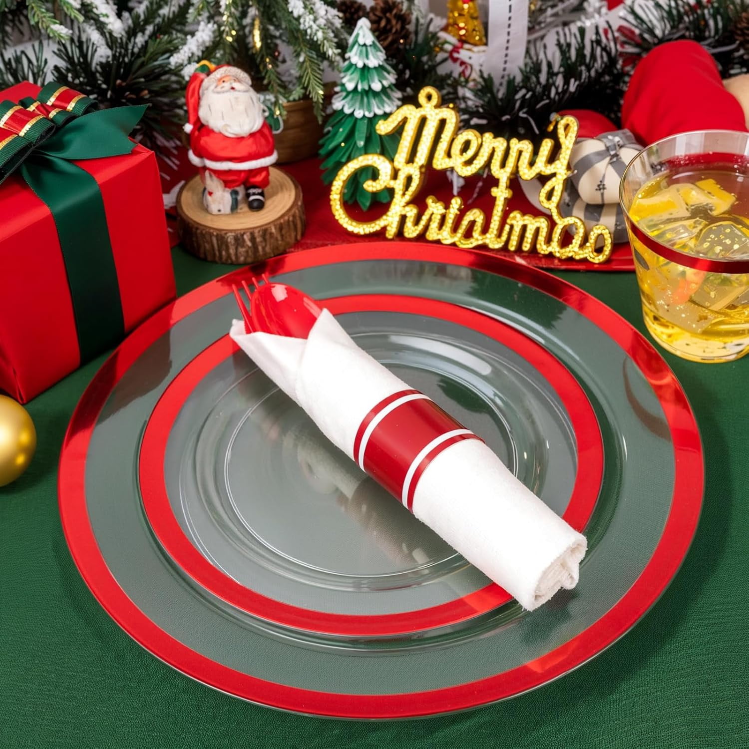 350PCS Red Plastic Dinnerware Set for Parties & Christmas - 100 Red ...