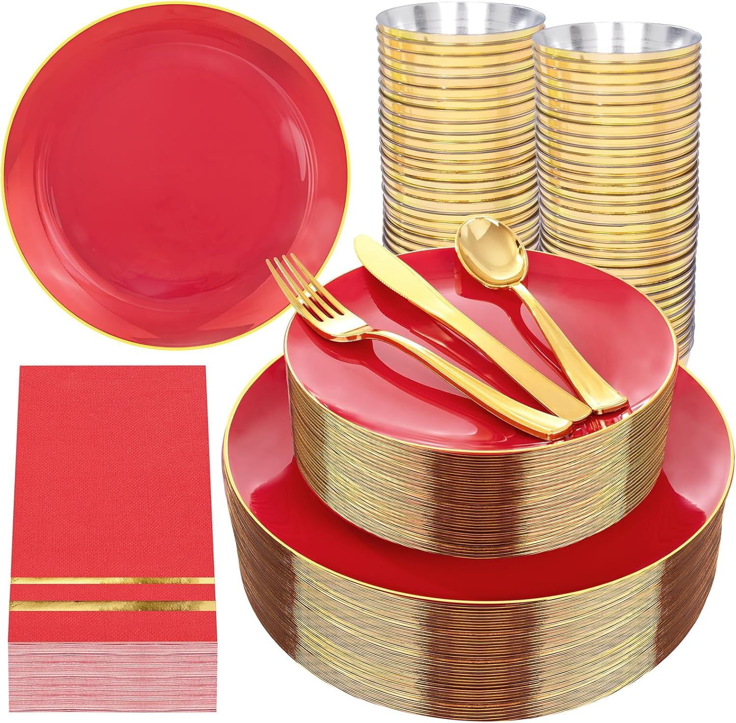 350PCS Red Plastic Plates - Disposable Red Gold Dinnerware Set for 50 ...