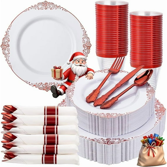 MY 350PCS Red Plastic Plates - White Red Plastic Dinnerware Set for 50 ...