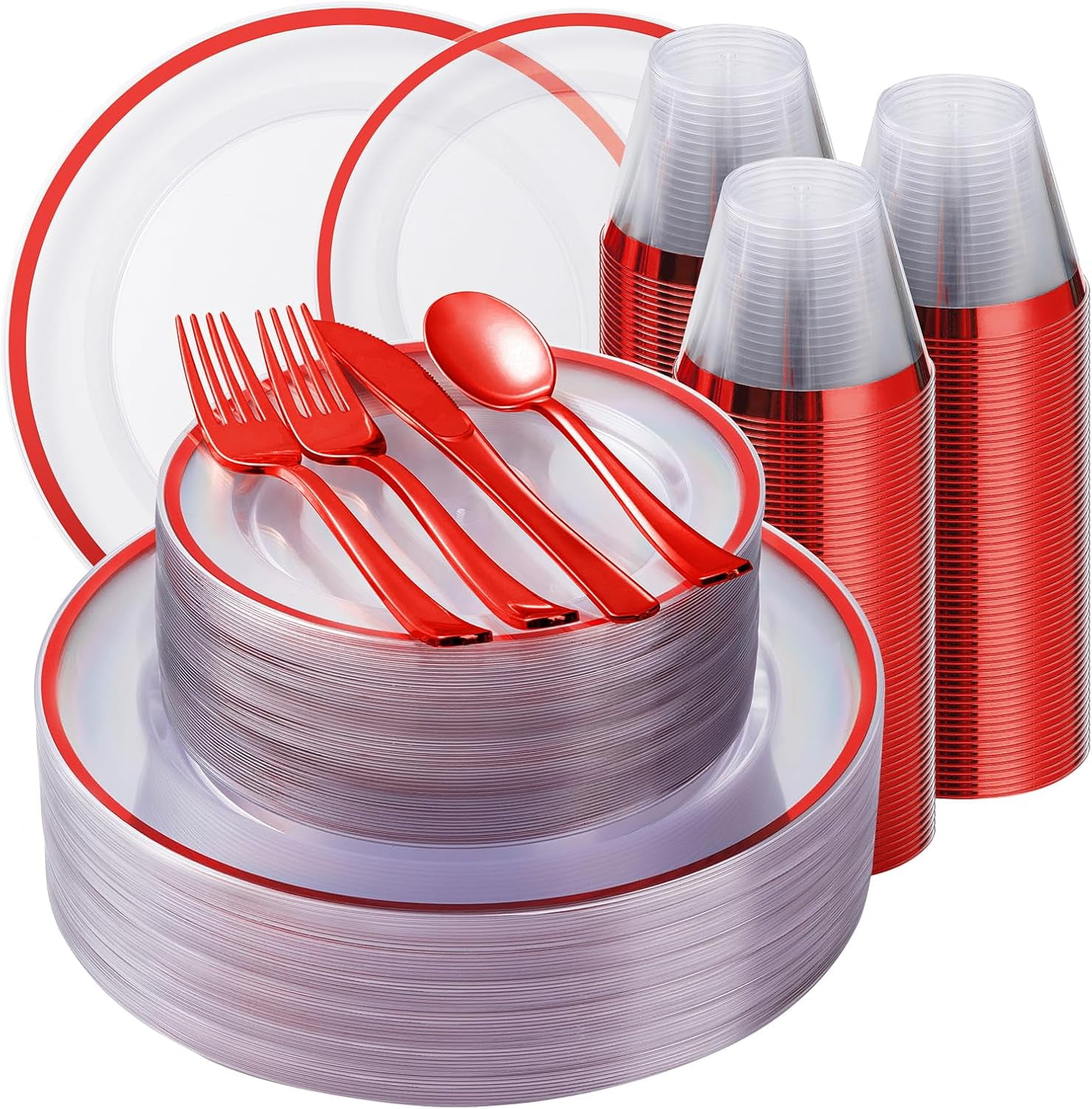 350PCS Red and Clear Plastic Dinnerware Sets for 50 Guests, Include 100 ...