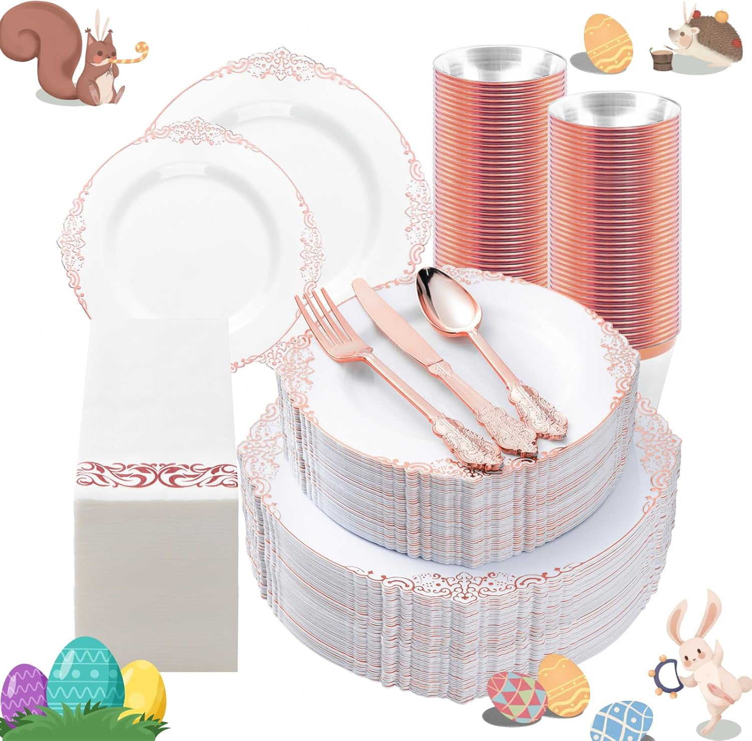 350PCS Rose Gold Plastic Plates for 50 Guests, Disposable Dinnerware ...