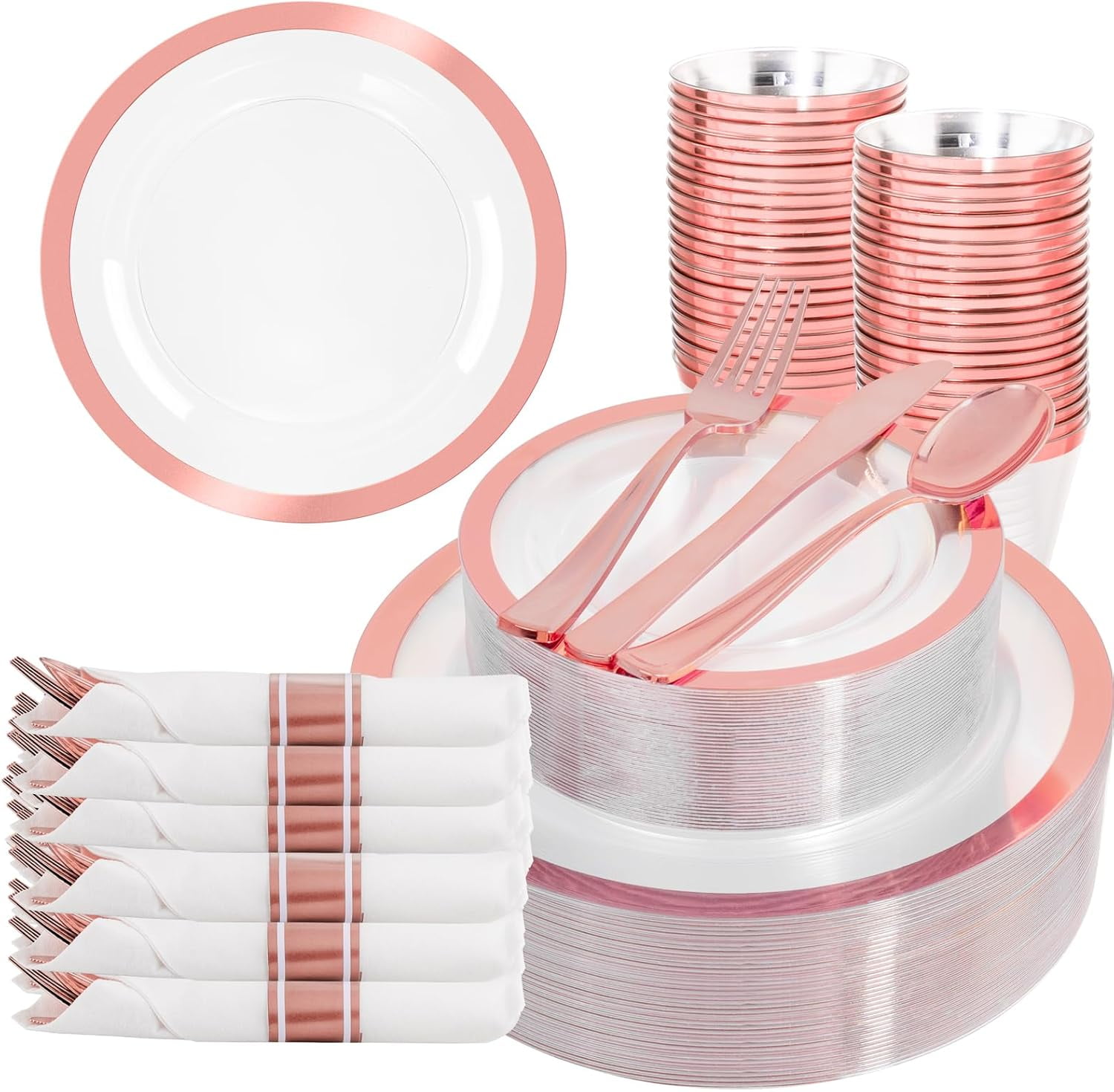 350PCS Rose Gold Plastic Plates - Clear Plates with Rose Gold Rim for ...