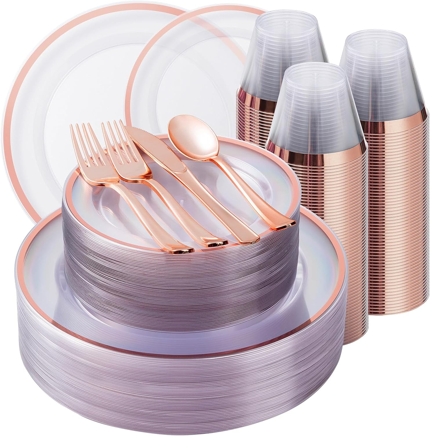 350PCS Rose Gold and Clear Plastic Dinnerware Sets for 50 Guests ...