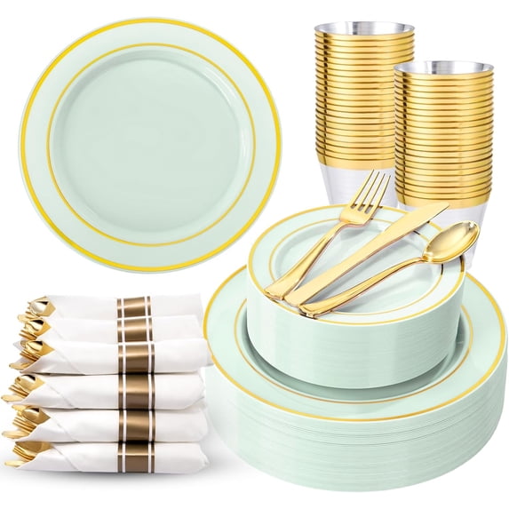 350PCS Sage Green Disposable Plastic Plates with Rolled Napkins, Party ...