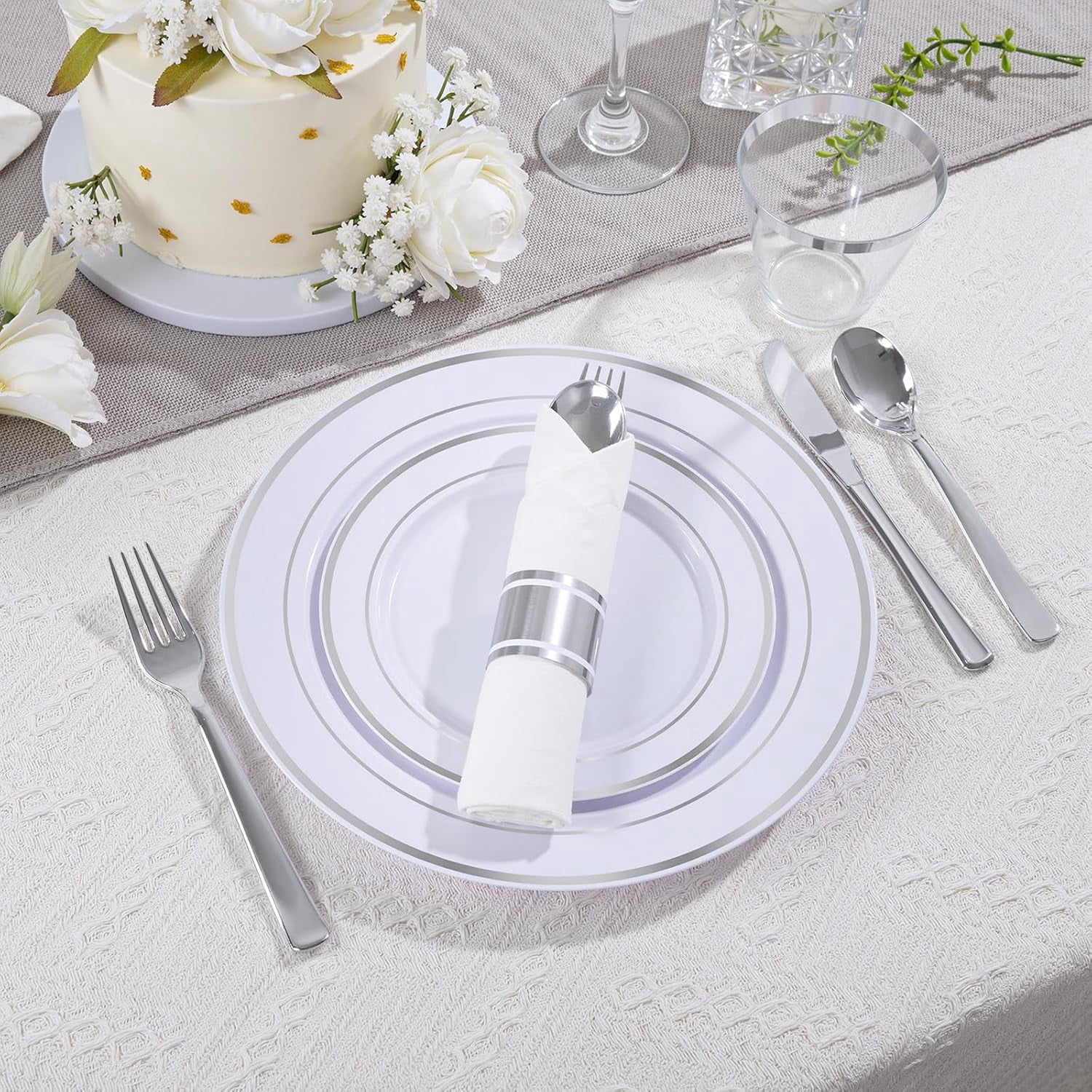 350PCS Silver Plastic Dinnerware Set for 50 Guests, Fancy Disposable ...