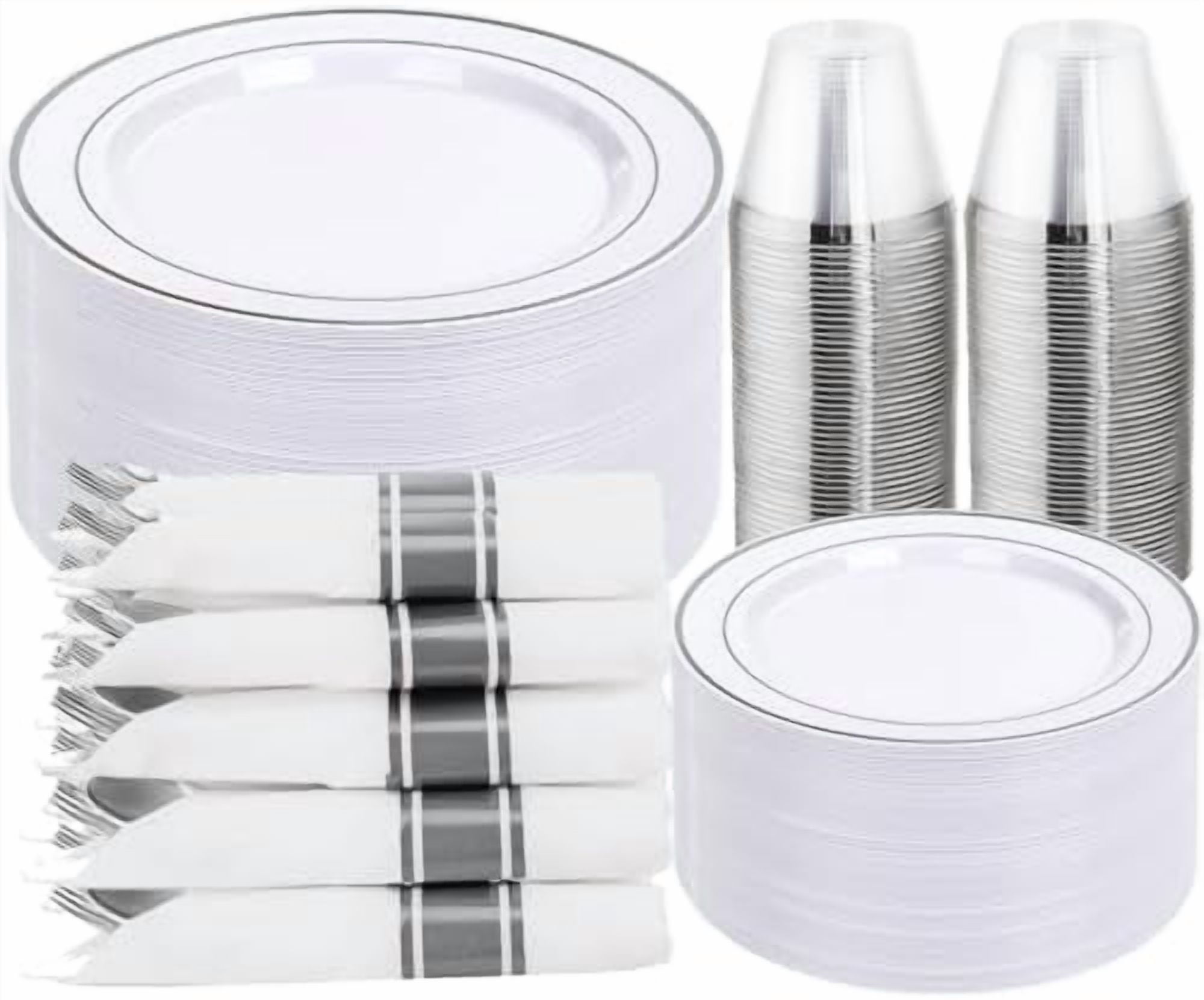 350PCS Silver Plastic Dinnerware Set for 50 Guests, Fancy Disposable ...