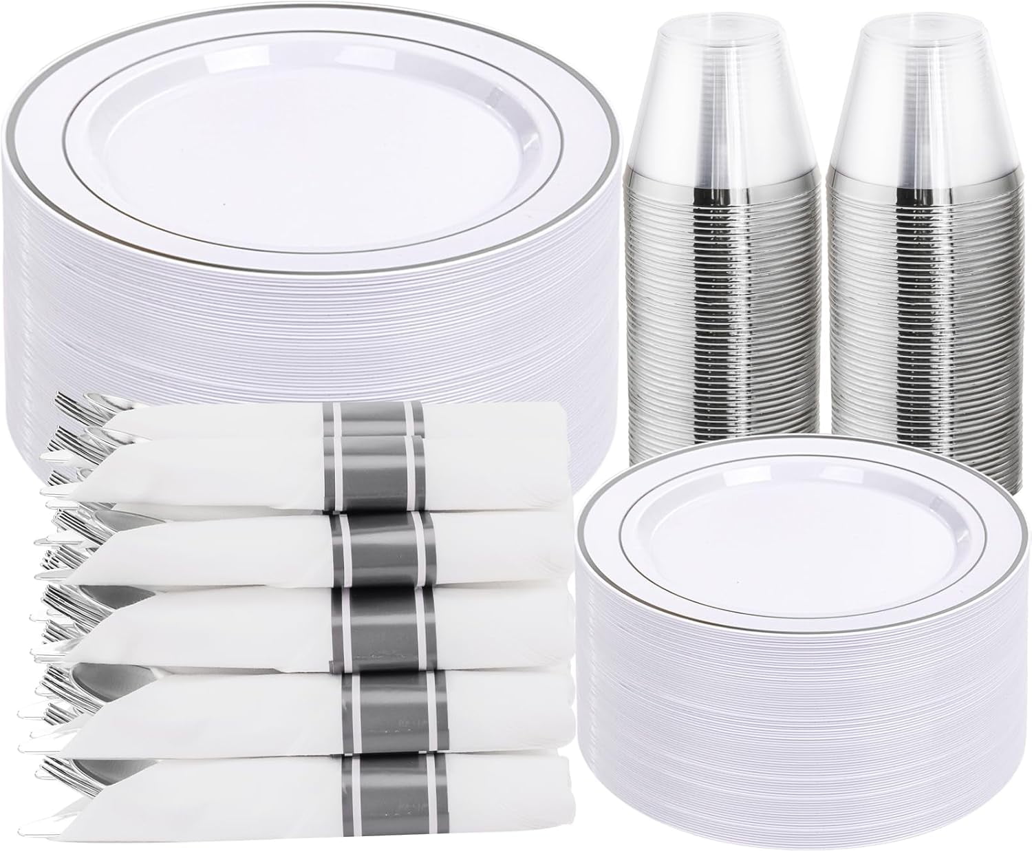 350PCS Silver Plastic Dinnerware Set for 50 Guests, Fancy Disposable ...